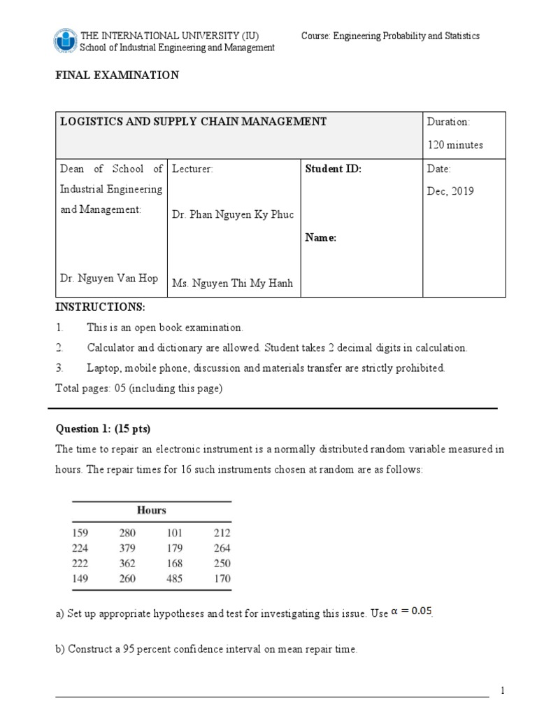 Final Exam Engineering Probability and Statistics 1 | PDF | Errors And Residuals | Statistics