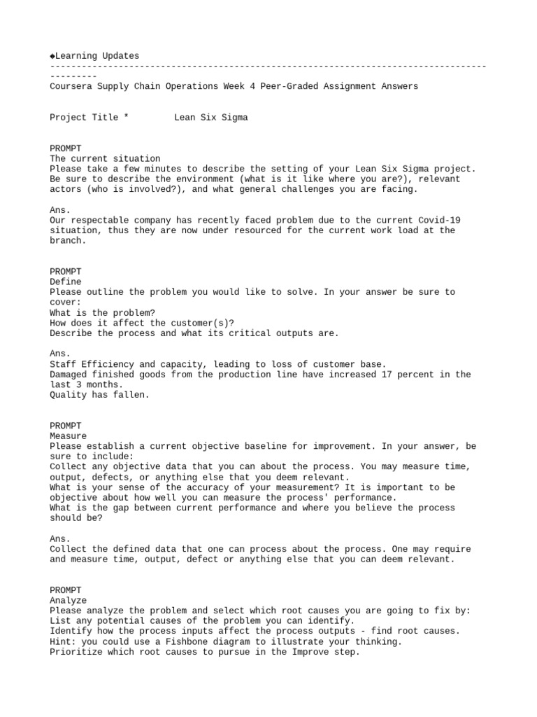 Coursera Supply Chain Operations Week 4 Peer-Graded Assignment Answers | PDF | Thought | Six Sigma