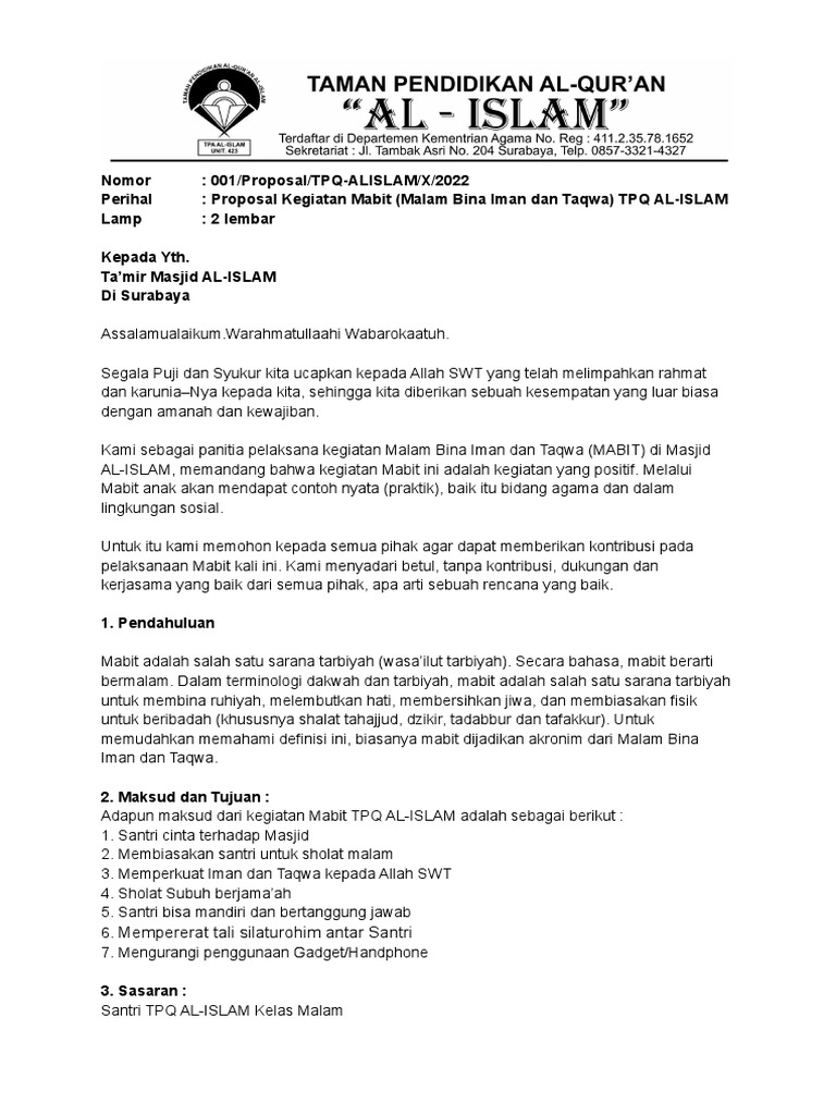 PROPOSAL Mabit TPQ AL ISLAM 2022 | PDF