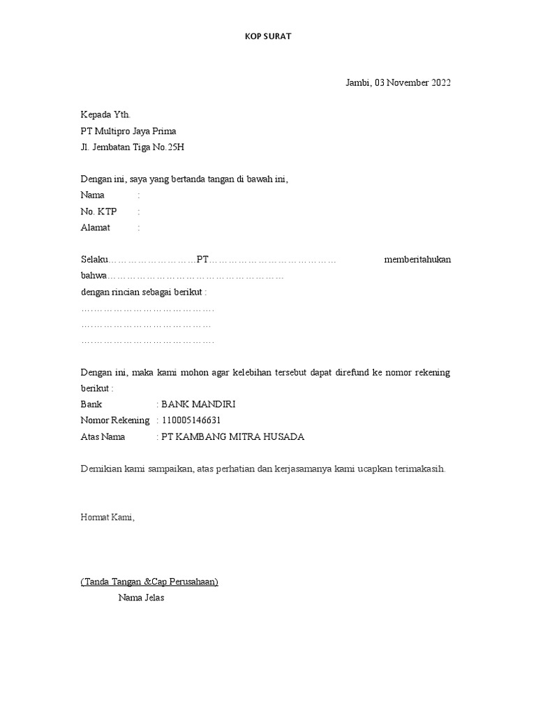 Surat Permohonan Refund (Draft) | PDF