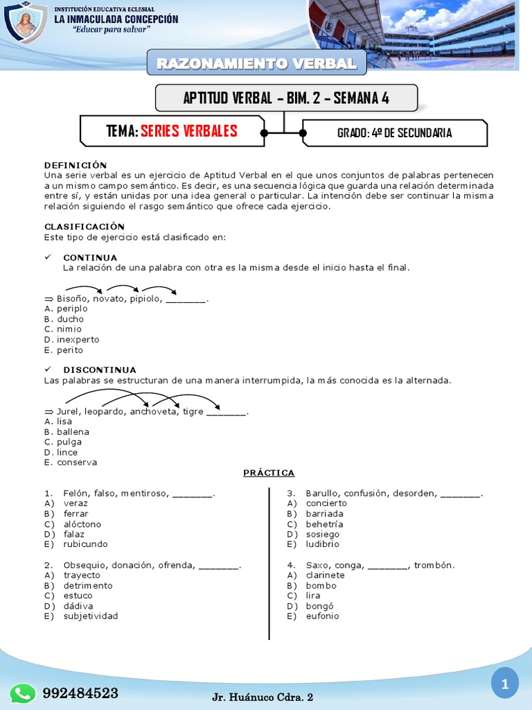 Aptitud Verbal - Lic - La Pre 4º - Bim 2 - Semana 4 - Series Verbales | PDF