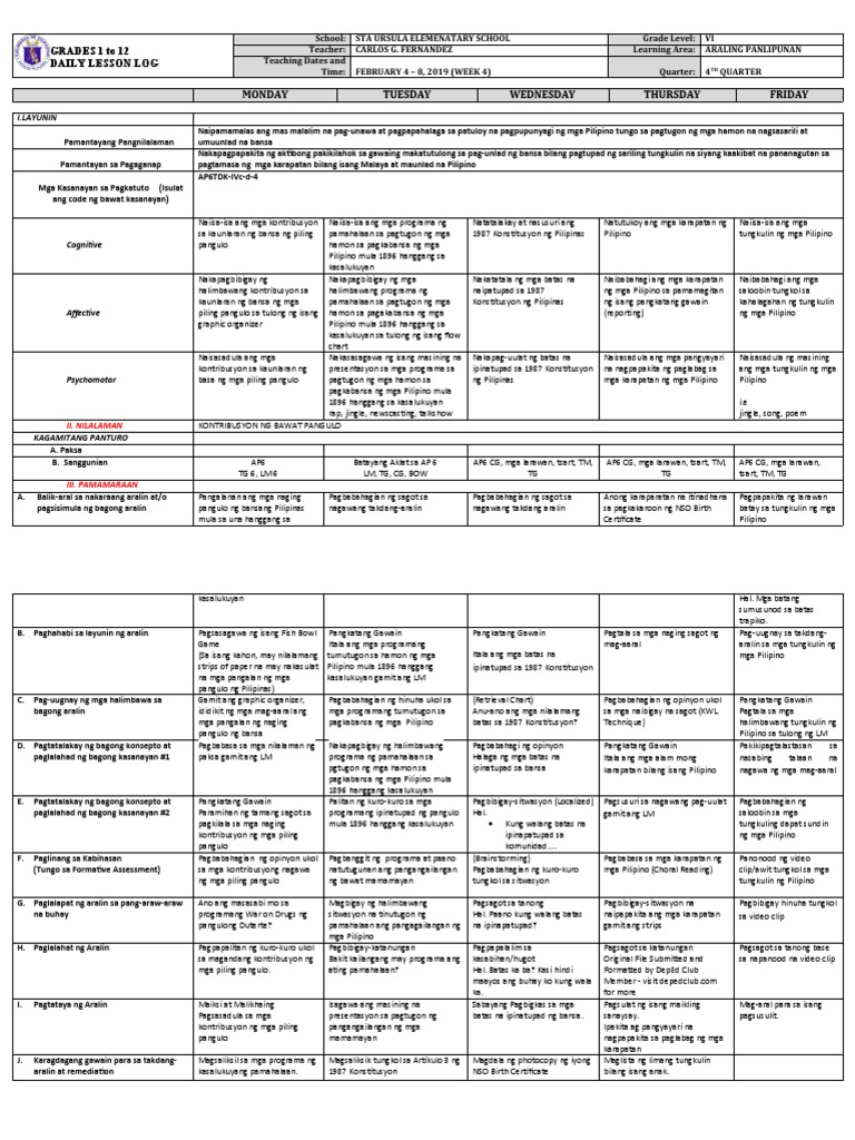 DLL - Araling Panlipunan 6 - Q4 - W4 | PDF