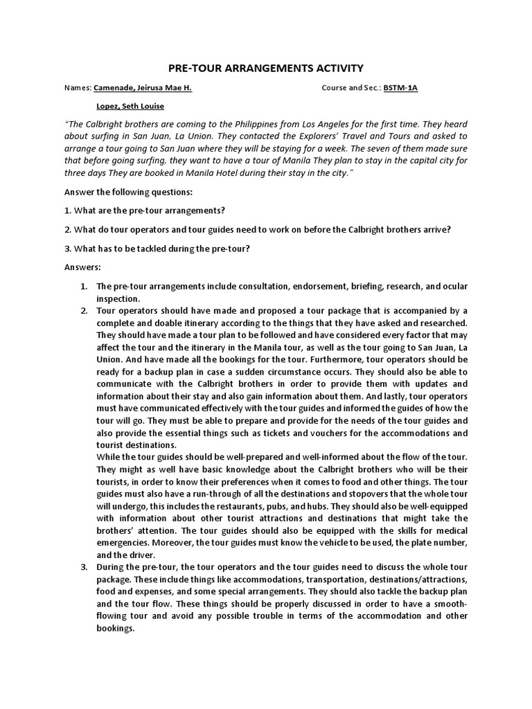 PRE-TOUR PROCEDURES ACTIVITY (Camenade and Lopez) | PDF
