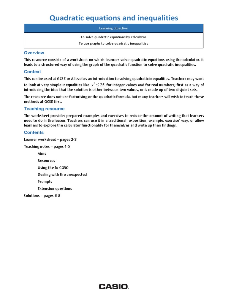 Quadratic Equations and Inequalities Worksheet FX CG50 | PDF ...