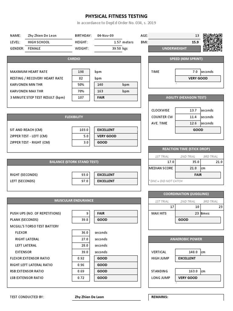Physical Fitness Test Excel Sheets | PDF | Anatomical Terms Of Motion ...