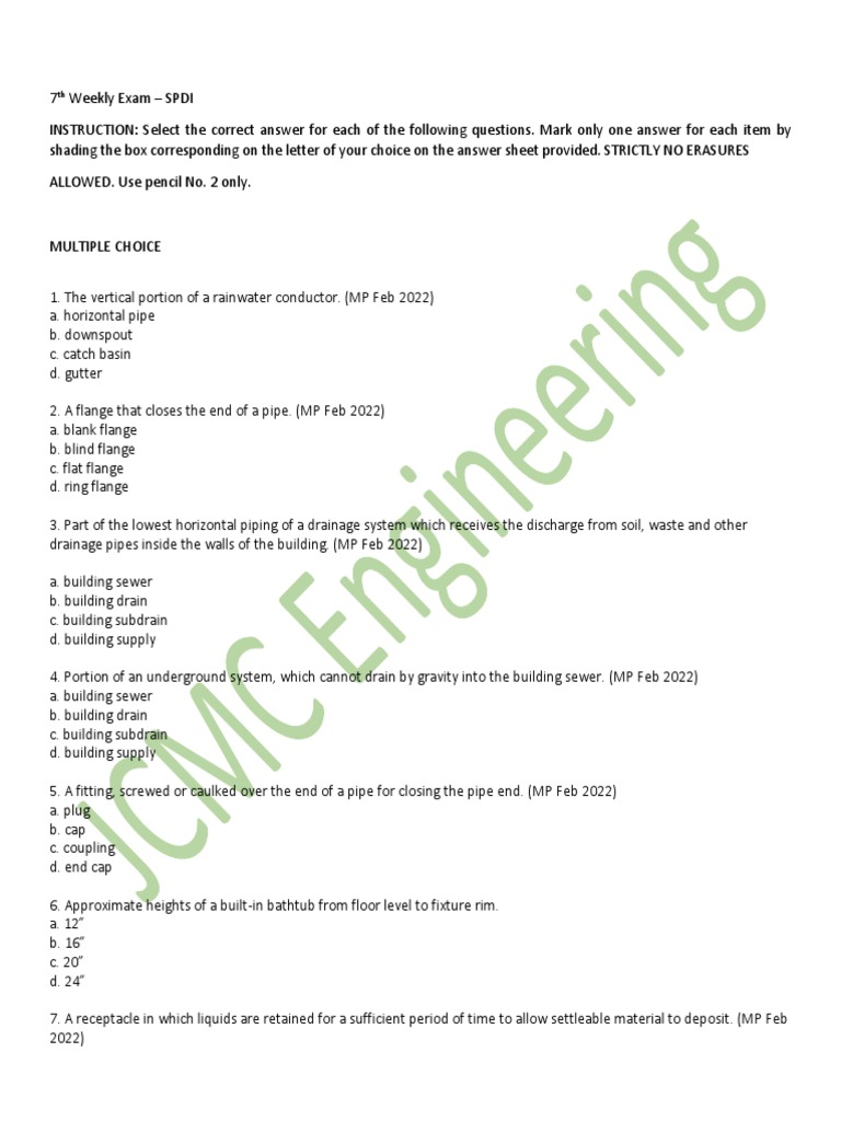 7th Weekly Exam - Sanitary, Plumbing Design and Installation | PDF ...