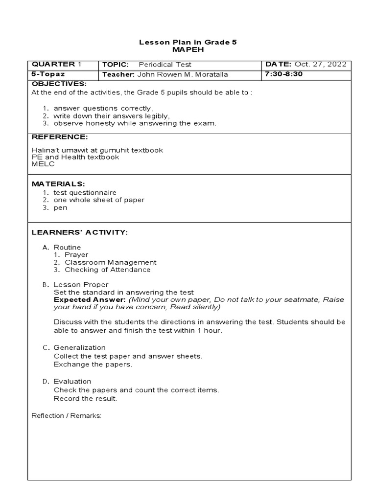 LP Periodical Test | PDF | Lesson Plan | Test (Assessment)