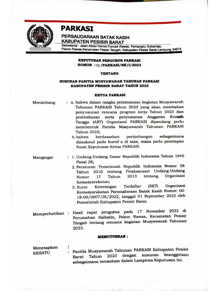 Contoh SK Parkasi Kabupaten Pesisir Barat | PDF