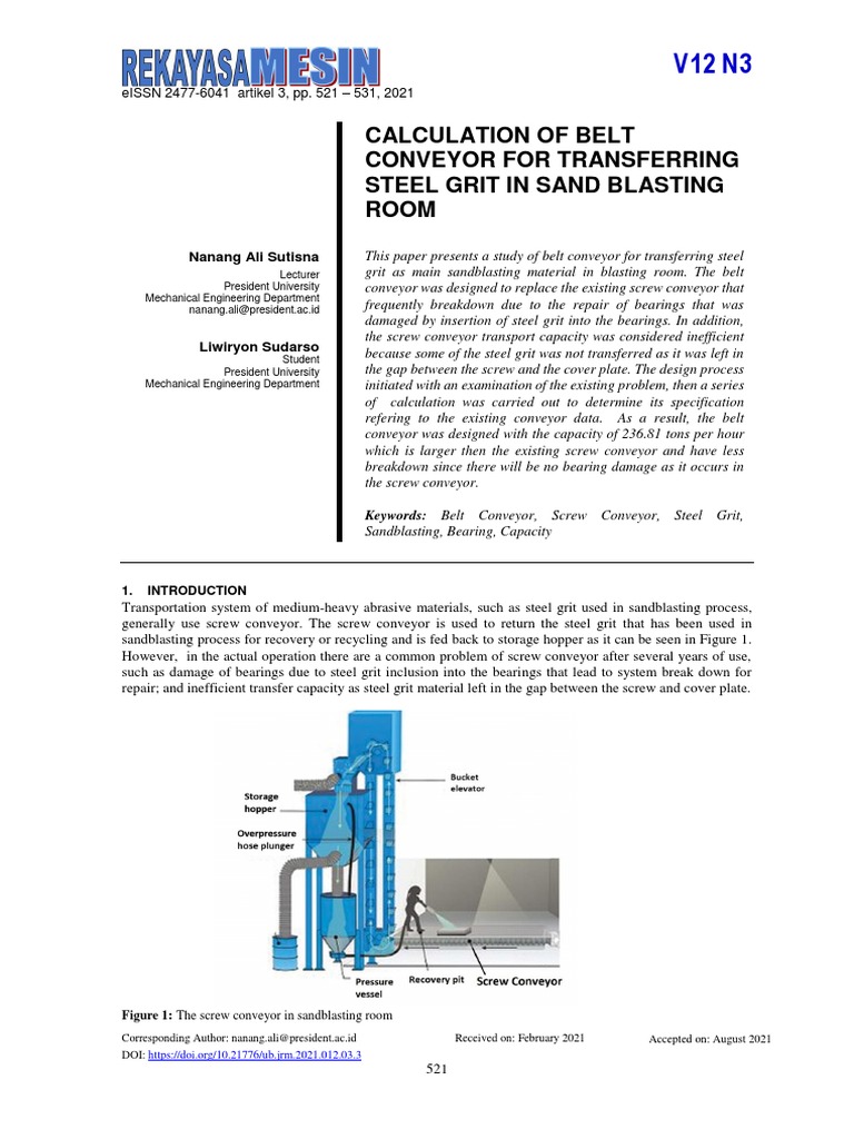 Calculation of Belt Conveyor For Transfering Steel Grit in Sandblasting Room-Jurnal Rekayasa ...