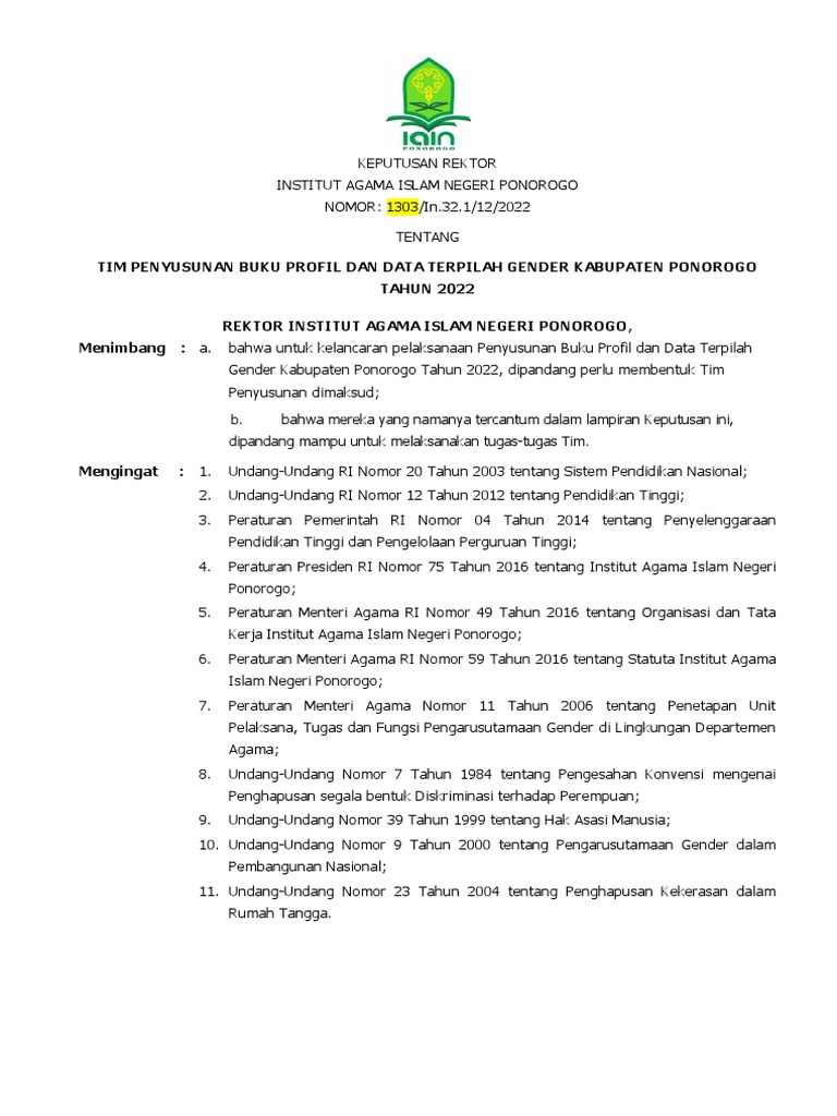 Draft SK Tim Profil Dan Data Terpilah Gender Tahun 2022 | PDF