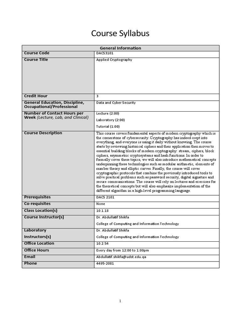 DACS3101 Course Syllabus-Fall22 | PDF | Cryptography | Public Key Cryptography
