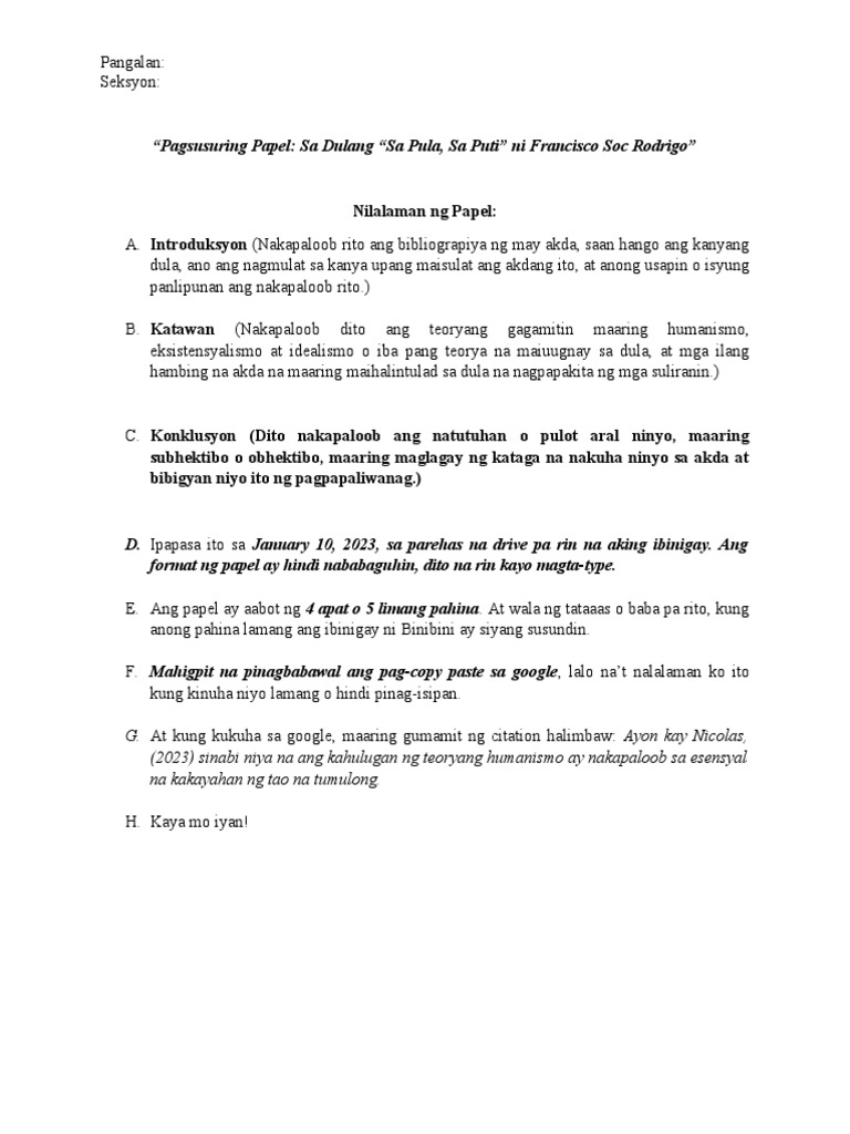 Pagsusuring Papel Template Grade10 Proyekto Ikalawang Markahan | PDF