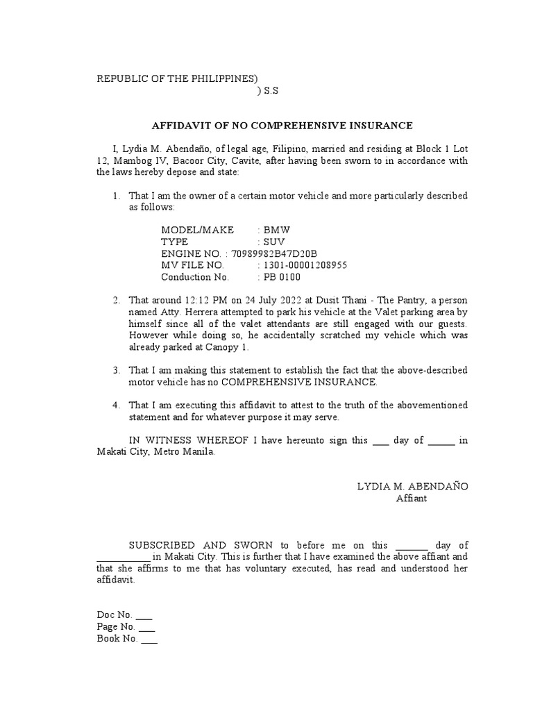 Affidavit of No Comprehensive Insurance | PDF | Law