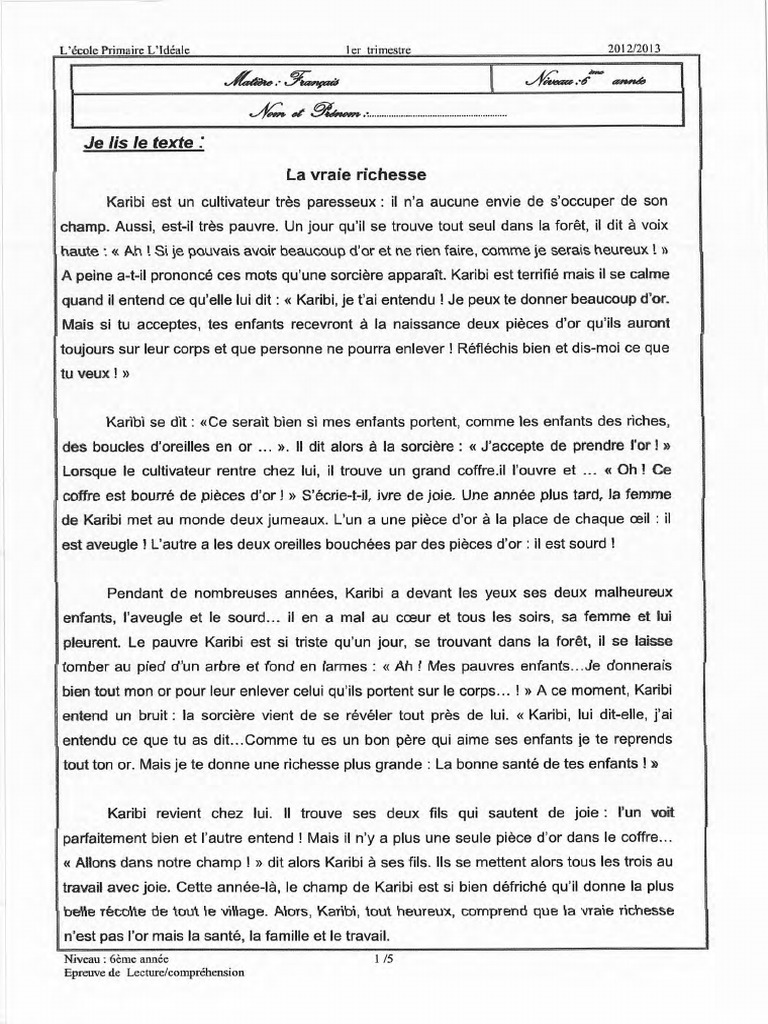Epreuve de Français (Lecture-Compréhension) - 1er Trimestre - 6ème ...