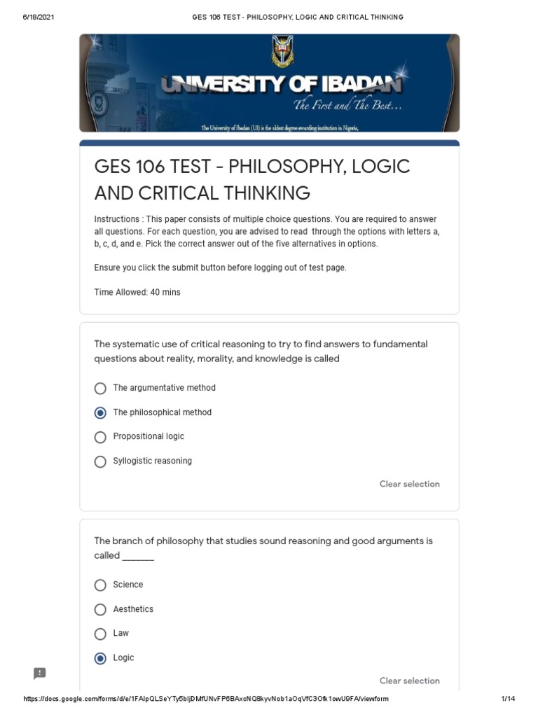 GES 106 TEST - PHILOSOPHY, LOGIC AND CRITICAL THINKING New One | PDF ... GES 106 TEST - PHILOSOPHY, LOGIC AND CRITICAL THINKING New One | PDF ...
