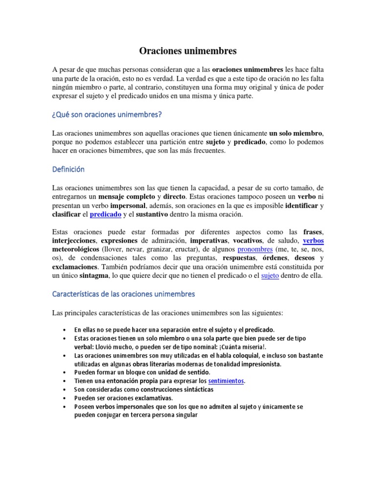 Oraciones Unimembres | PDF | Oración (Lingüística) | Asunto (gramática)