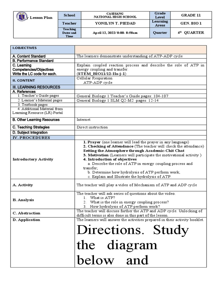 Gen. Bio 1 Lesson Plan 4th Q | PDF | Adenosine Triphosphate | Adenosine ...