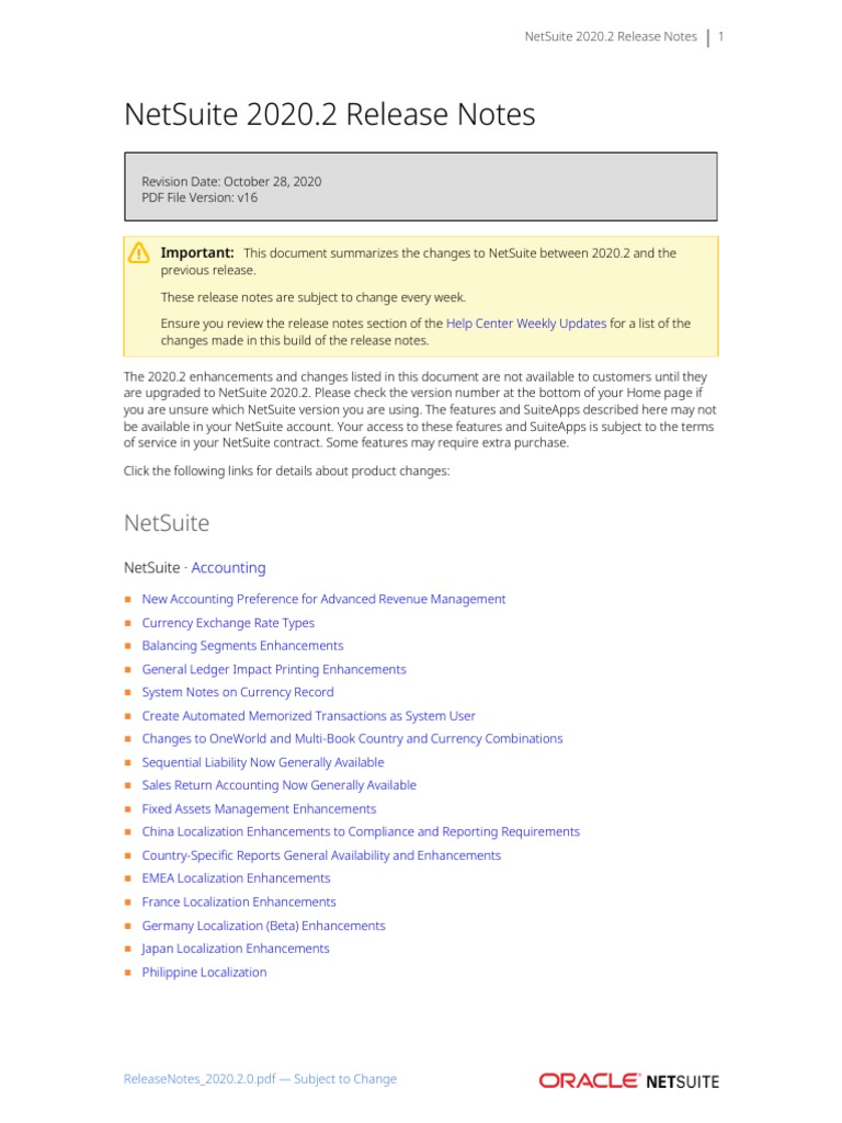 NetSuite ReleaseNotes - 2020.2.0 | PDF | Login | Computer File