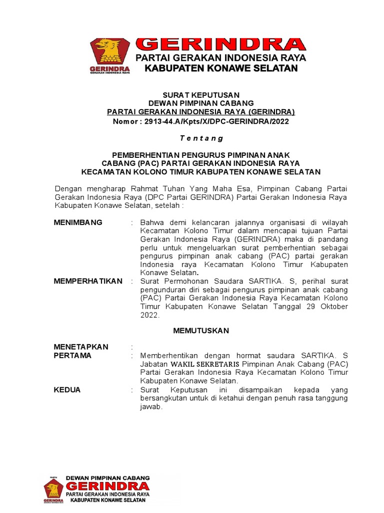 Pemberhentian Pengurus PAC GERINDRA Konawe Selatan | PDF