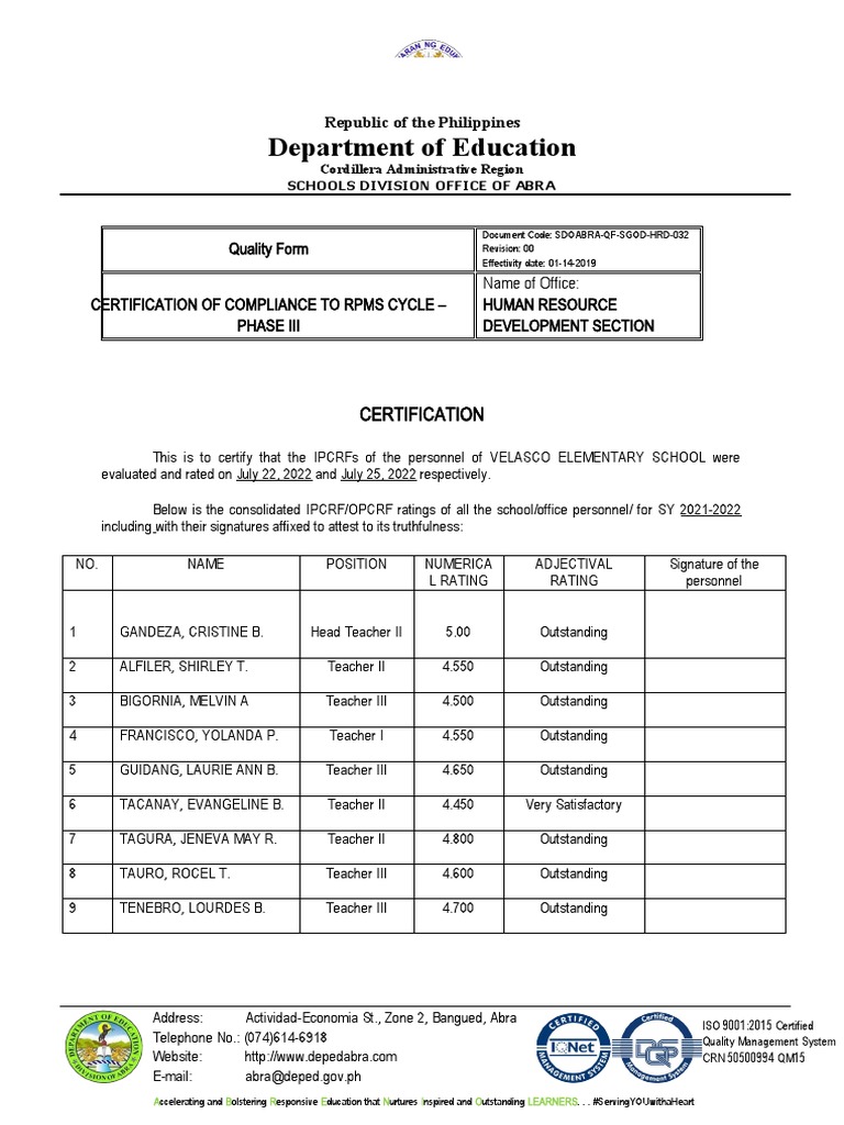 32QF Certification of Compliance RPMS Cycle Iii | PDF | Leadership ...