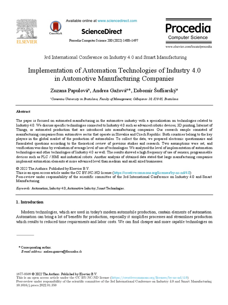 Implementation of Automation Technologies of Industry 4.0 in Automotive Manufacturing Companies ...