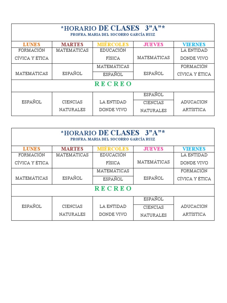 Horario clases 3A profesora García | PDF