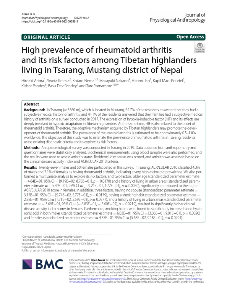 High Prevalence Of Rheumatoid Arthritis And Its Risk Factors Among