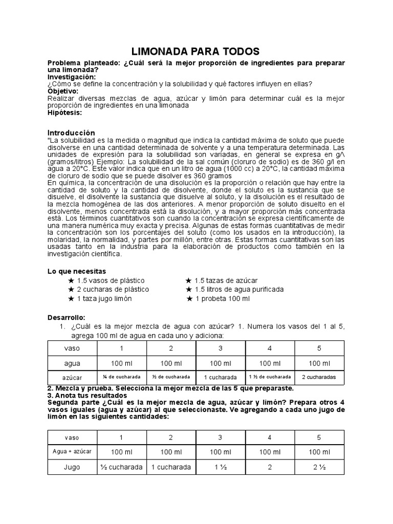 Proporciones para Preparar Limonada | PDF | Concentración | Solubilidad