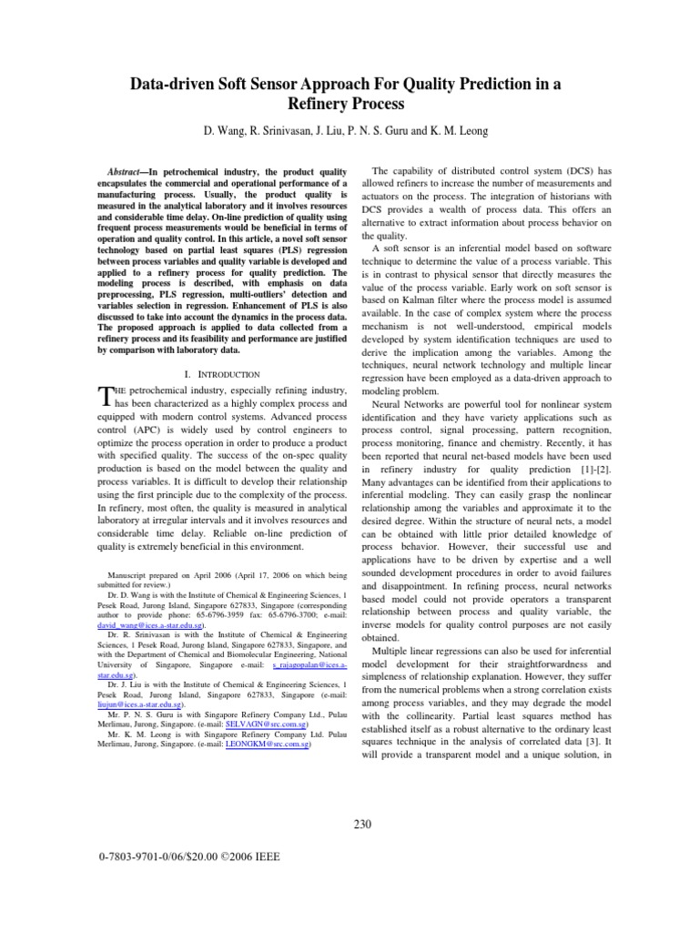 Data-Driven Soft Sensor Approach For Quality Prediction in A Refinery Process | PDF | Regression ...