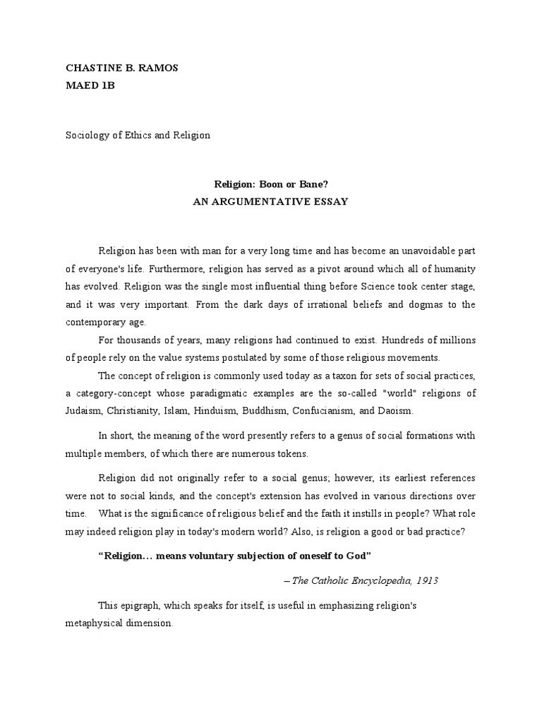 Argumentative Essay - Religion: Boon or Bane? | PDF | Morality | Good And Evil