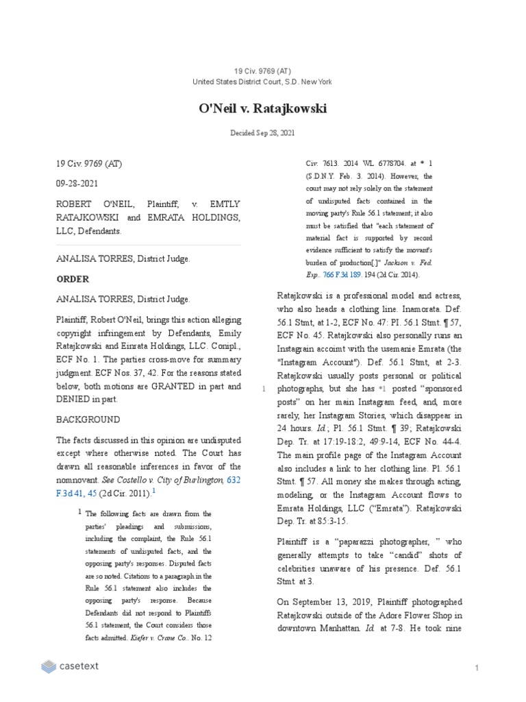 O'Neil v. Ratajkowski | PDF | Fair Use | Summary Judgment