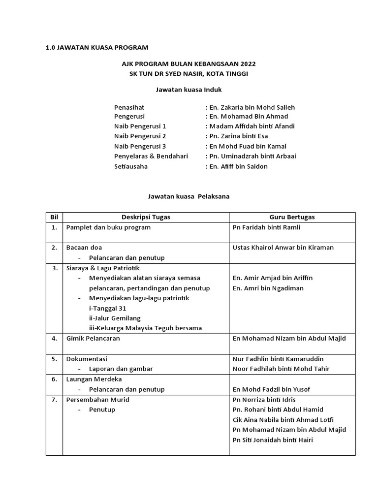 Jawatan Kuasa Program Bulan Kebangsaan 2022 | PDF