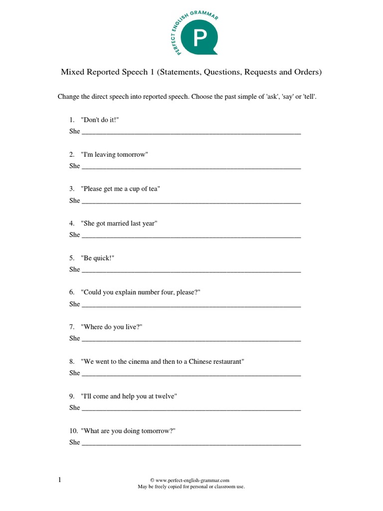 Reported Speech Mixed Exercise 1 | PDF