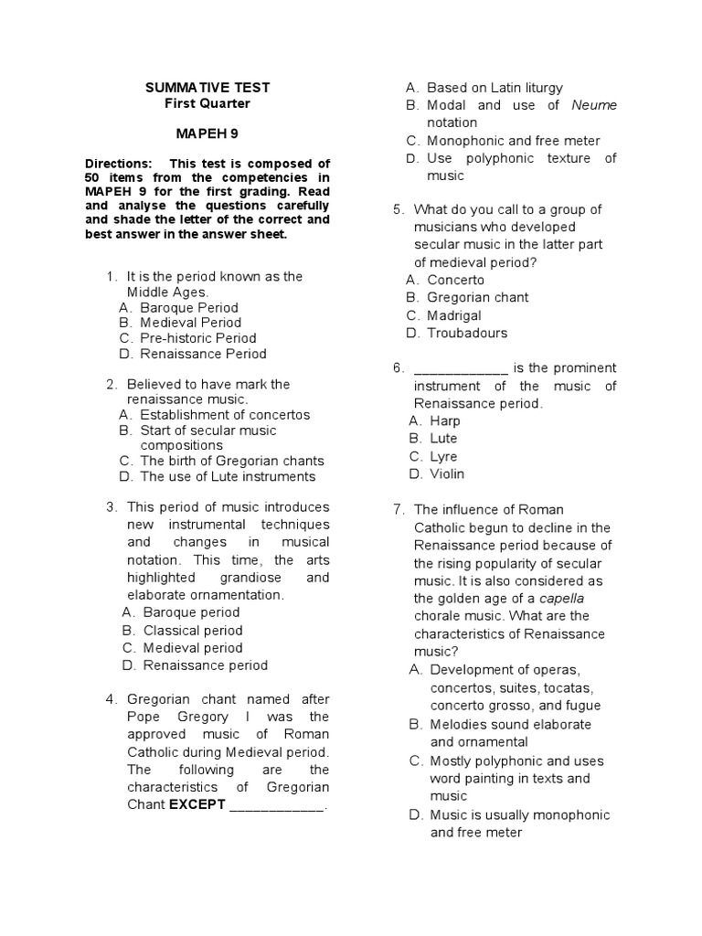 1Q Summative Test-MAPEH-9 | PDF | Gregorian Chant