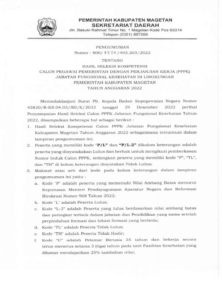 Pengumuman Hasil Selkom PPPK Nakes 2022 | PDF