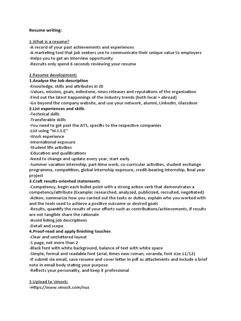 Resume Writing Notes | PDF | Résumé | Internship