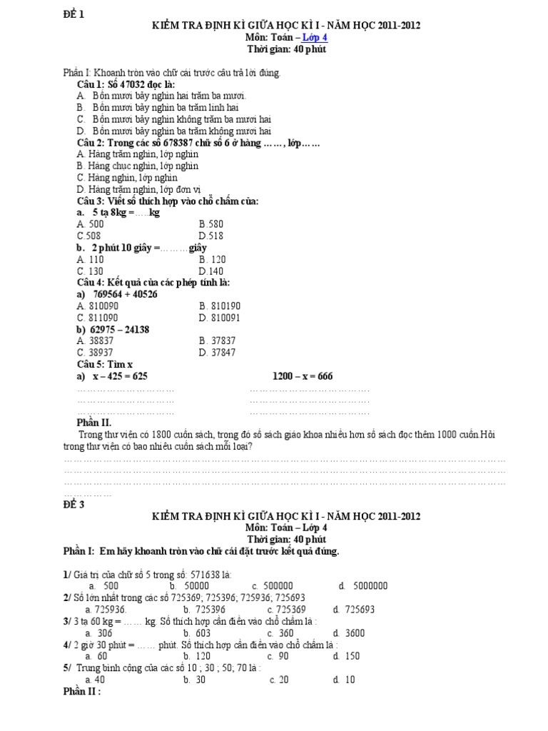 De Kiem Tra Giua Ki 1 Mon Toan Lop 4 | PDF