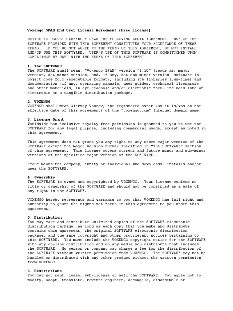 Voxengo SPAN License Agreement | PDF | Copyright | License