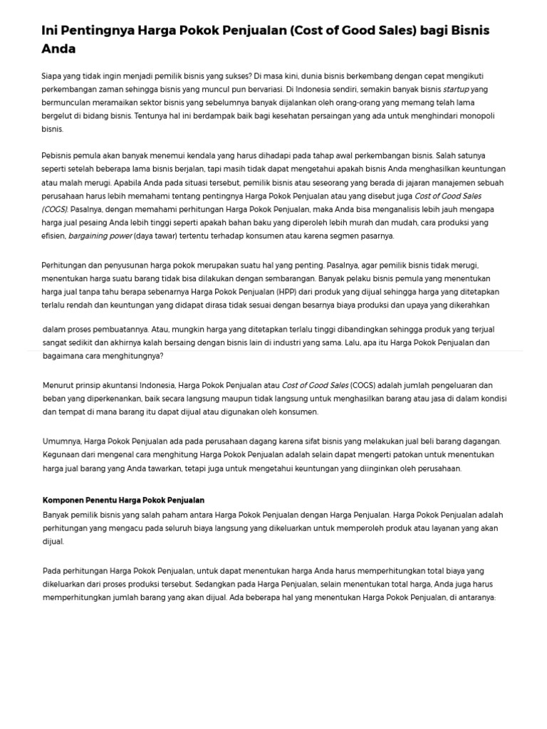 (COGS) Ini Pentingnya Harga Pokok Penjualan (Cost of Good Sales) Bagi ...