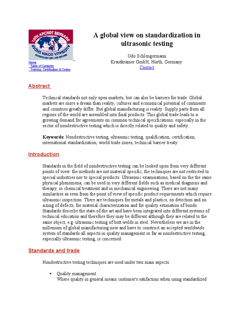 A Global View On Standardization in Ultrasonic Testing | Download Free ...