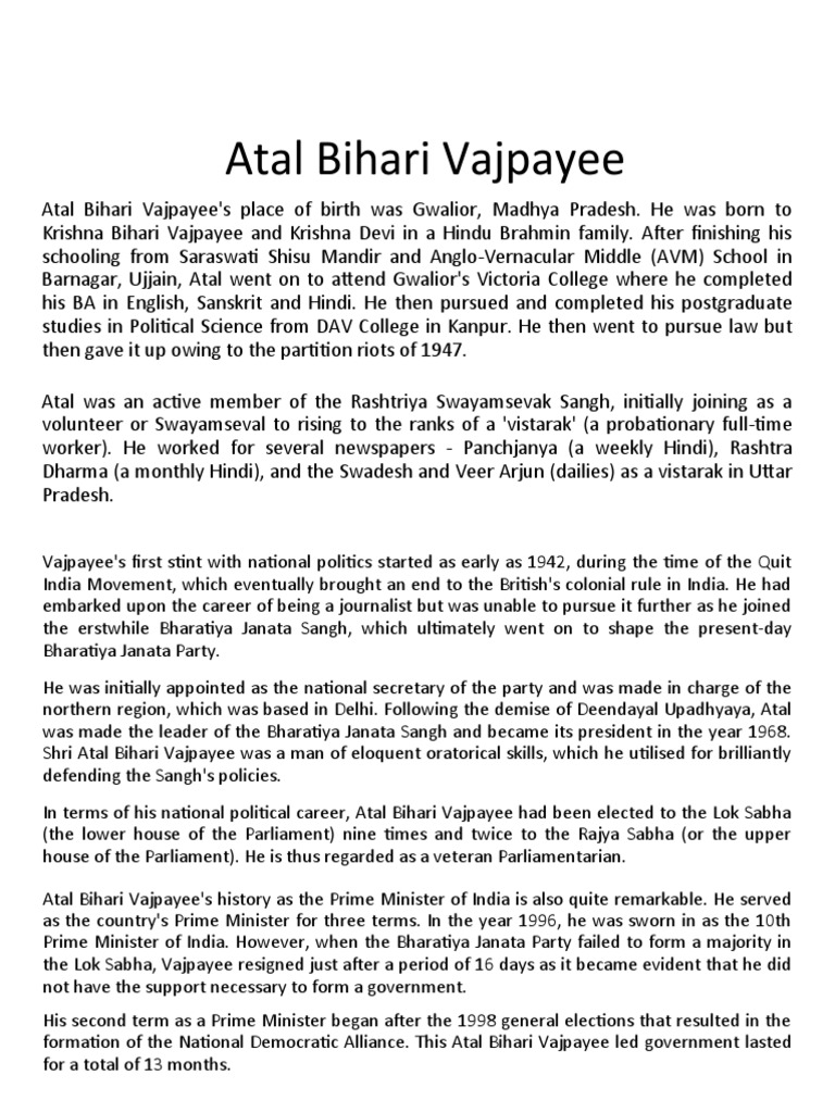 Atal Bihari Vajpayee Biography | PDF | Politics Of India | Government