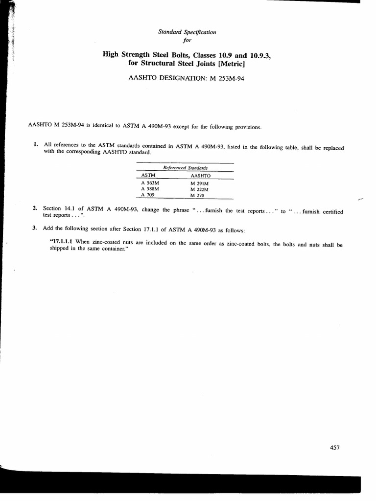 M 253M-94 High Strength Steel Bolts Metric | PDF