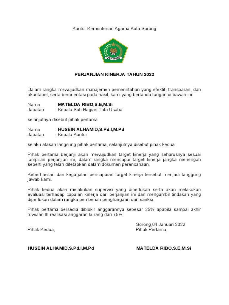 Format Perjanjian Kinerja Tahun 2022 Pdf