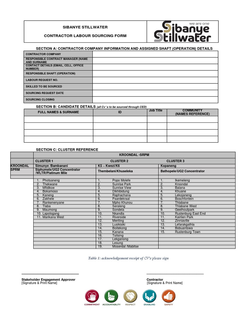 Sibanye Contractor Candidate Sourcing Form | PDF