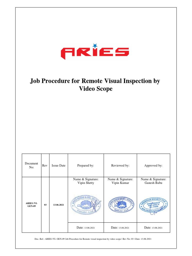 Visual Inspection Procedure (Video Scope) Vi Cam | PDF | Nondestructive ...