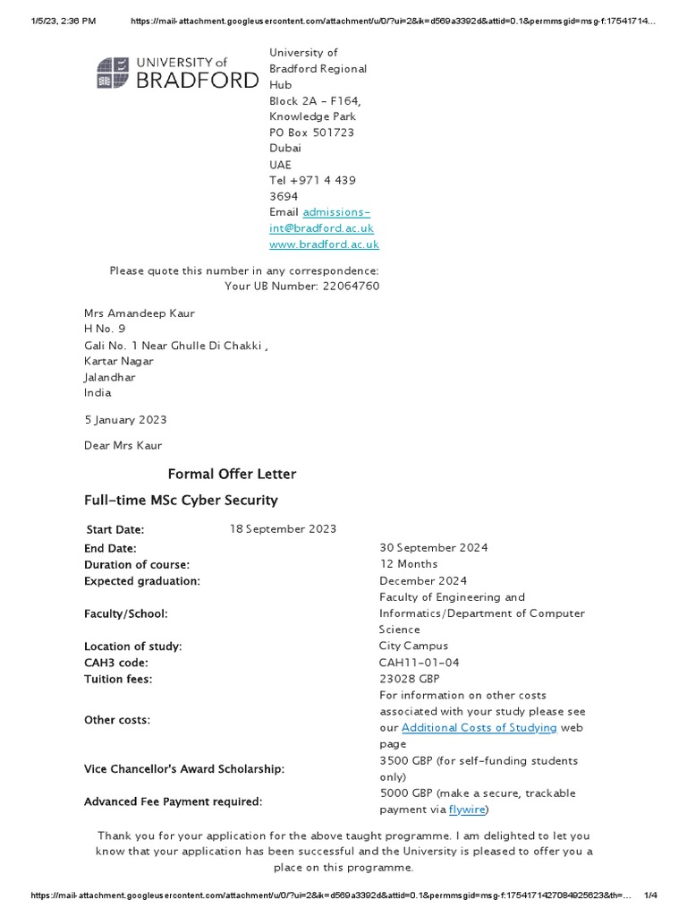 Formal Offer Letter for MSc in Cyber Security at the University of Bradford | PDF | Contractual ...