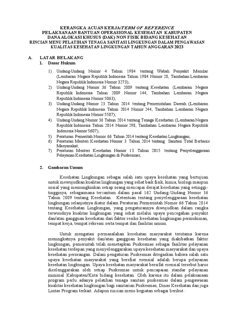 TOR BOK KESLING Pelatihan Sanitarian Tanggamus 2023 | PDF