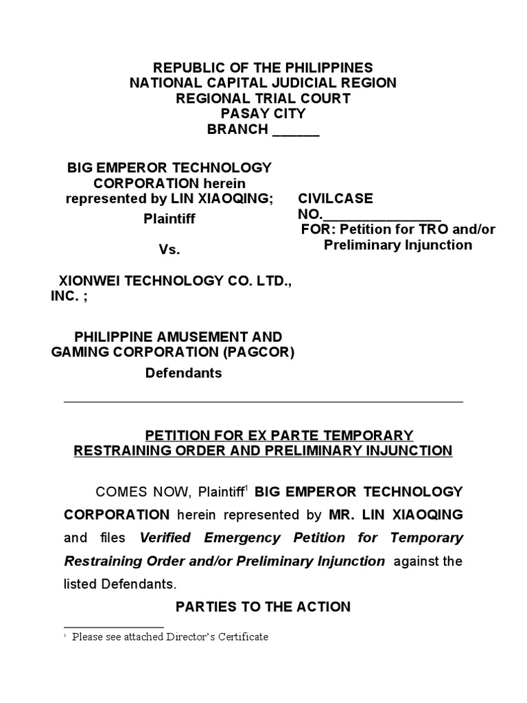 Big Emperor Petition For Tro | PDF | Injunction | Breach Of Contract