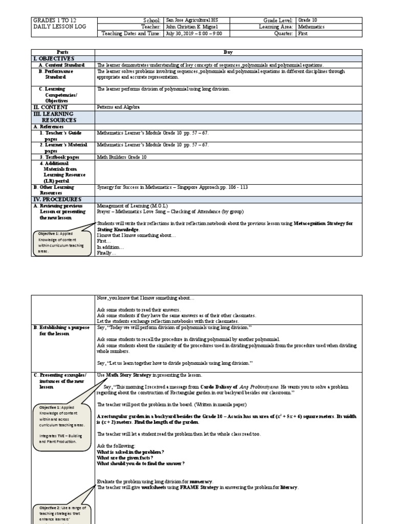 DLL Math 10 | PDF | Division (Mathematics) | Learning