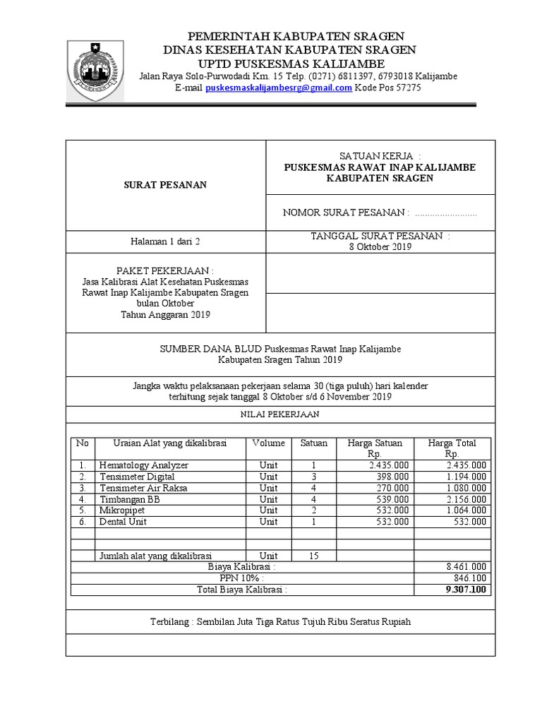 Dokumen SPJ Kalibrasi BLN - Okt-Pusk - Kalijambe | PDF